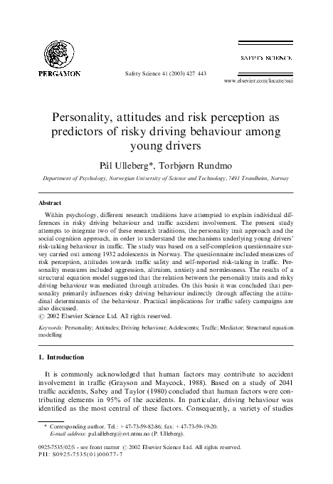 (PDF) Personality, attitudes and risk perception as predictors of risky driving behaviour among ...