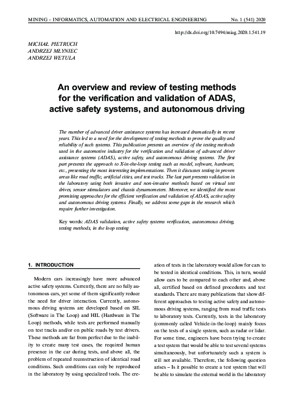 Pdf An Overview And Review Of Testing Methods For The Verification And Validation Of Adas