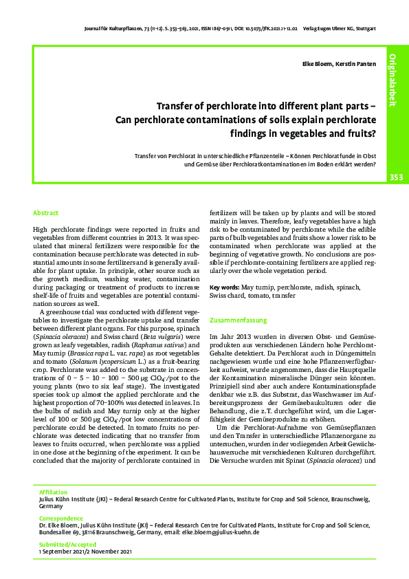 (PDF) Transfer von Perchlorat in unterschiedliche Pflanzenteile ...