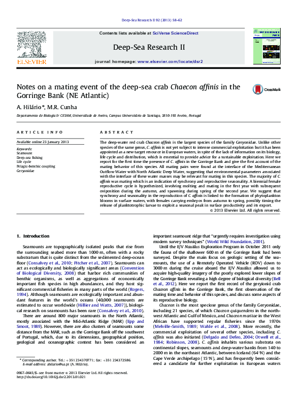 (PDF) Notes on a mating event of the deep-sea crab Chaecon affinis in ...