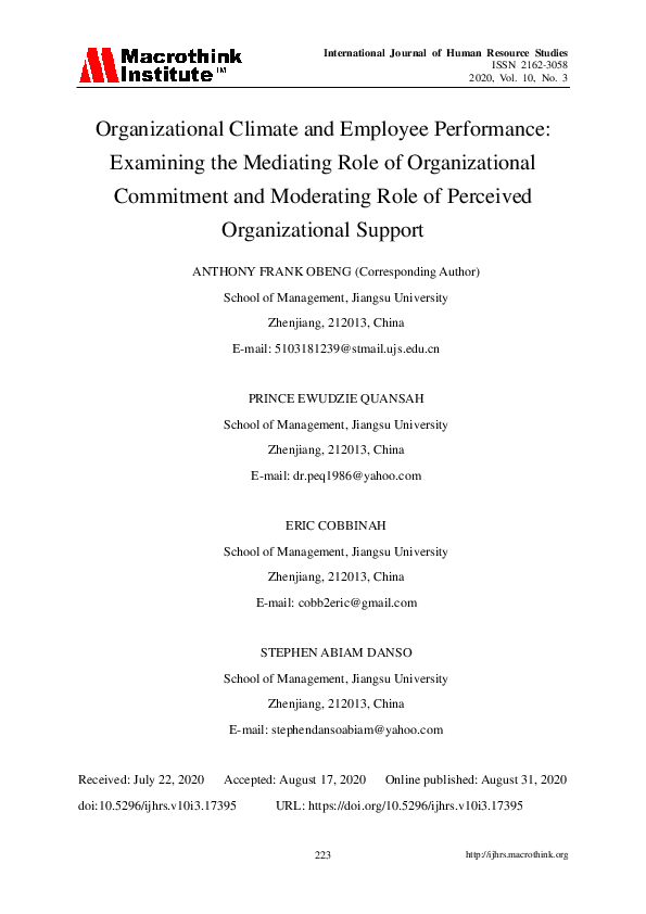 (PDF) Organizational Climate and Employee Performance: Examining the Mediating Role of ...