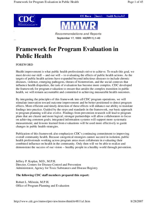 (PDF) Framework for Program Evaluation in Public Health