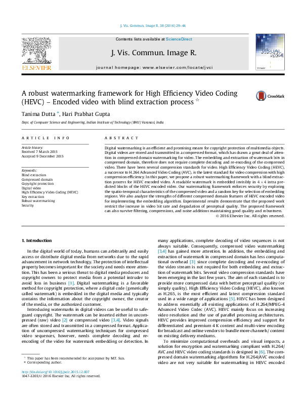 (PDF) A robust watermarking framework for High Efficiency Video Coding (HEVC) – Encoded video ...