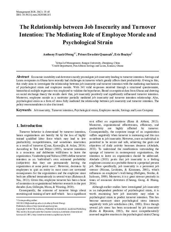 (PDF) The Relationship between Job Insecurity and Turnover Intention: The Mediating Role of ...