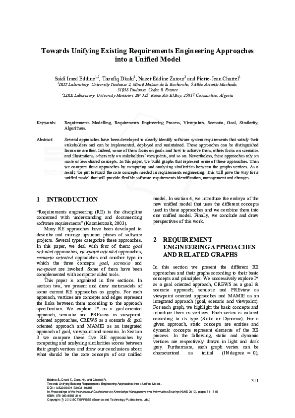 (PDF) Towards Unifying Existing Requirements Engineering Approaches into a Unified Model
