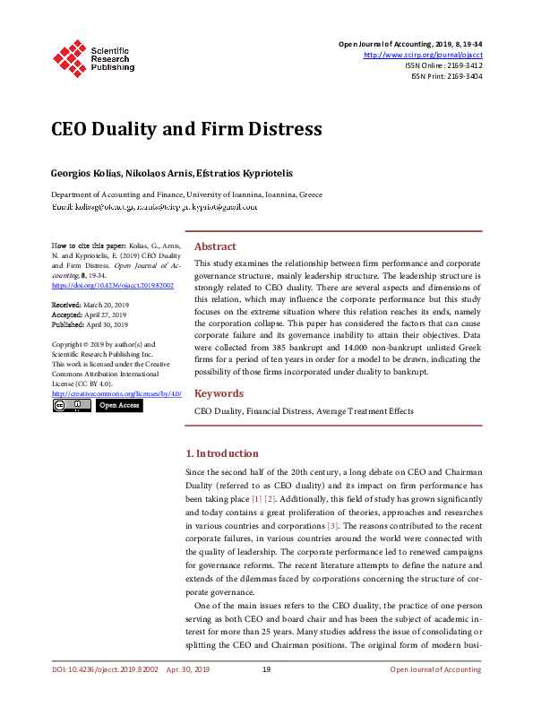 (PDF) CEO Duality and Firm Distress (PDF) CEO Duality and Firm Distress