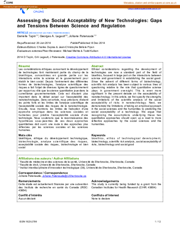 (PDF) Assessing the Social Acceptability of New Technologies: Gaps and ...