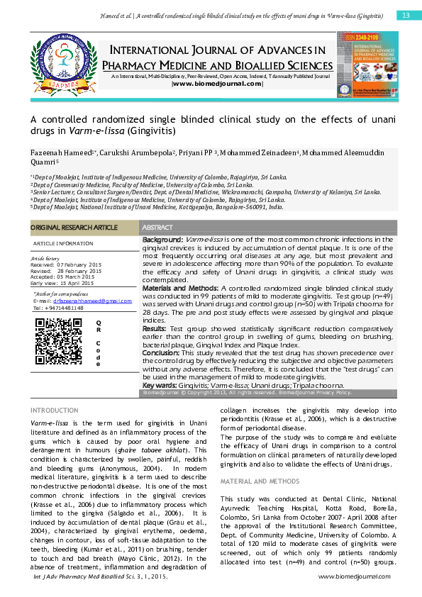 (PDF) A controlled randomized single blinded clinical study on the ...