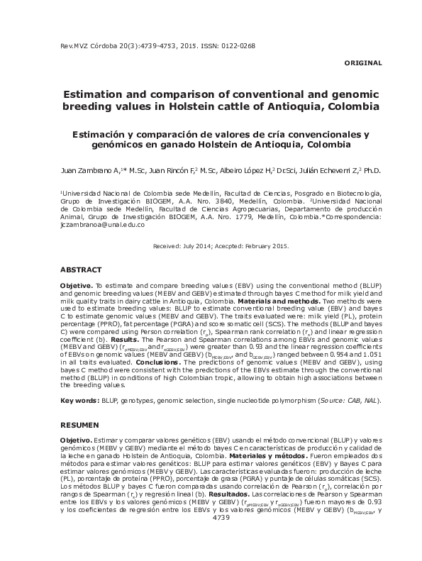 (PDF) Estimation and comparison of conventional and genomic breeding values in Holstein cattle ...