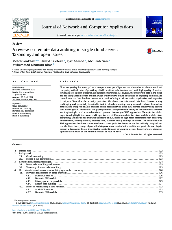 Pdf A Review On Remote Data Auditing In Single Cloud Server Taxonomy