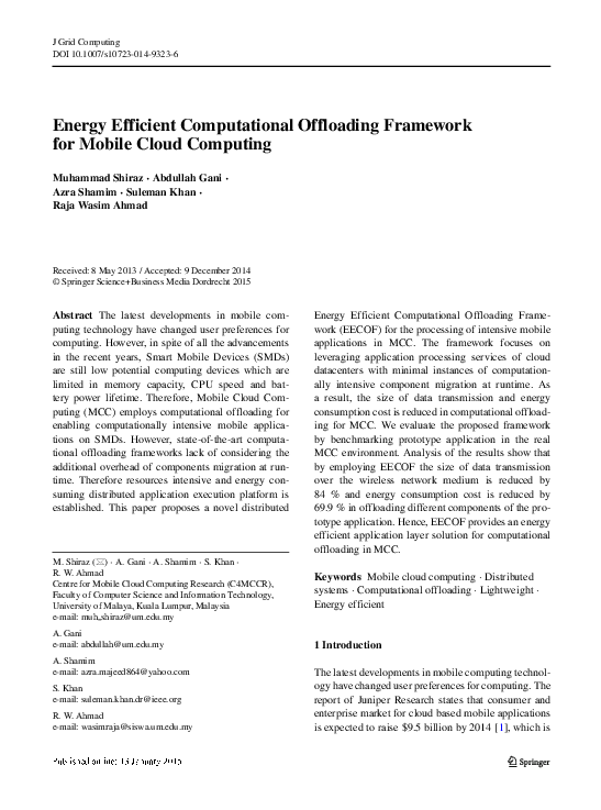 (PDF) Energy Efficient Computational Offloading Framework for Mobile Cloud Computing