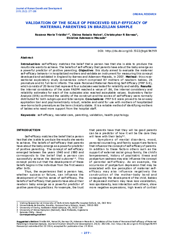 (PDF) Validation of the Scale of Perceived Self-Efficacy of Maternal Parenting in Brazilian Sample