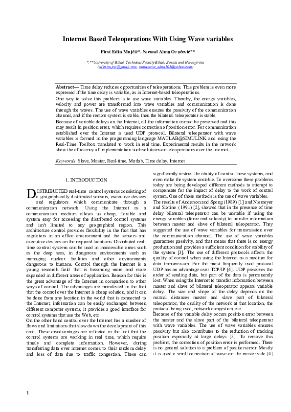 (PDF) Internet based teleoperations with using wave variables