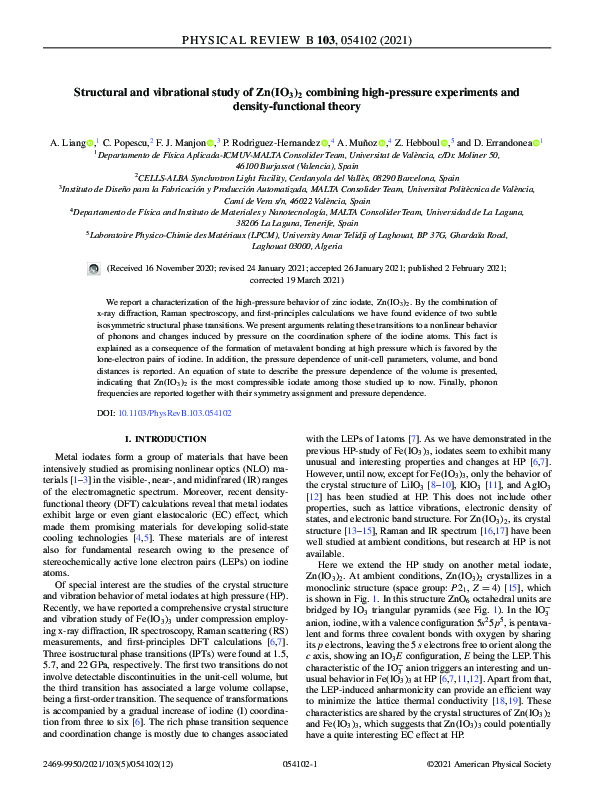 (PDF) Structural and vibrational study of Zn(IO3)2 combining high ...