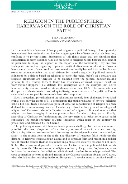 (PDF) Religion in the Public Sphere: Habermas on the Role of Christian ...