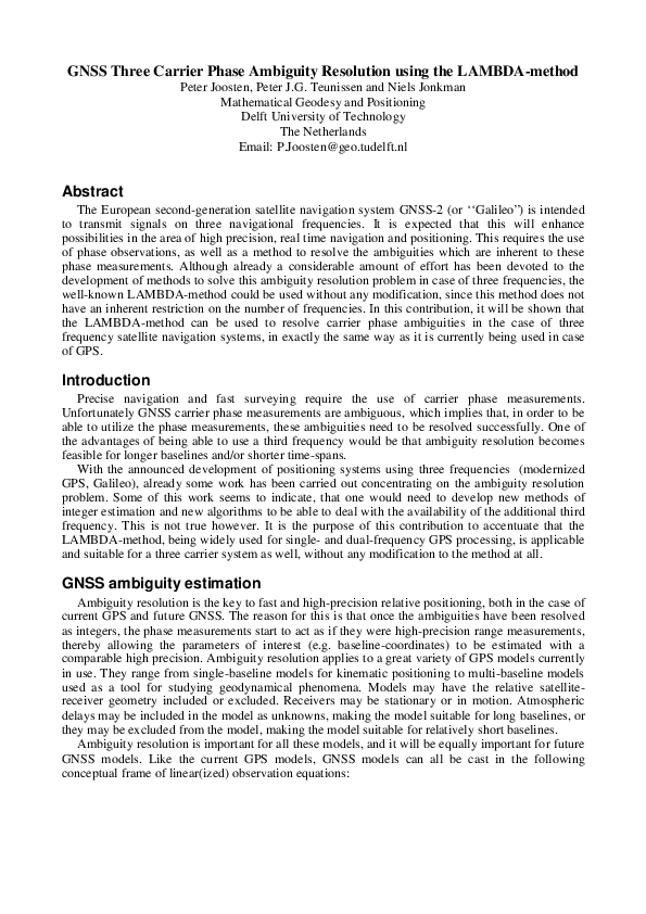 (PDF) GNSS three carrier phase ambiguity resolution using the LAMBDA-method