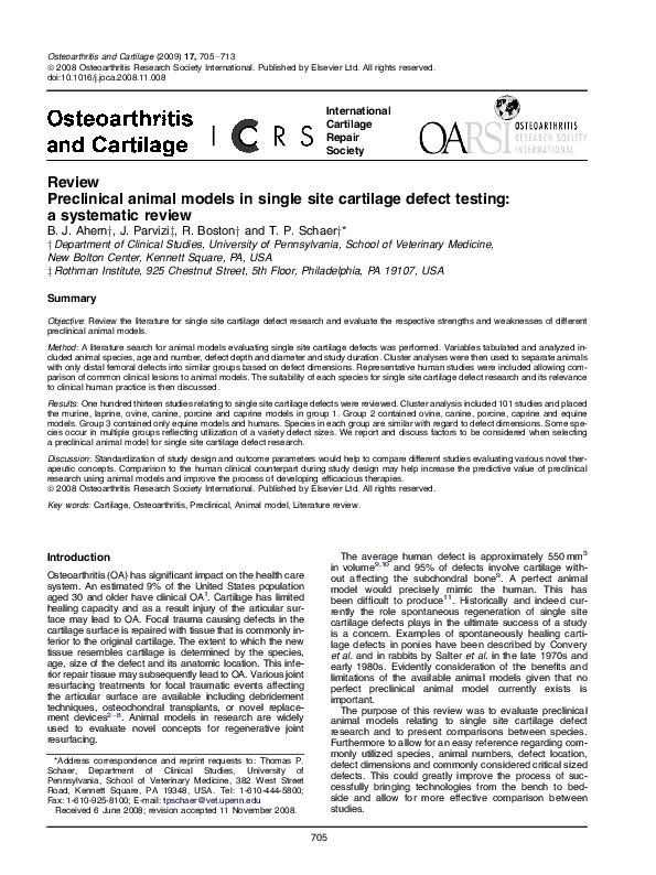 (PDF) Preclinical animal models in single site cartilage defect testing ...