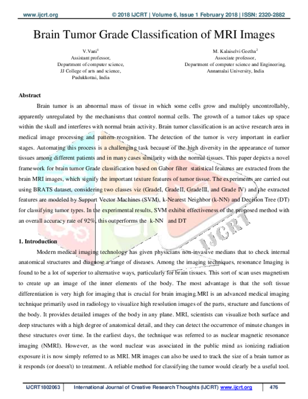 (PDF) Brain Tumor Grade Classification of MRI Images