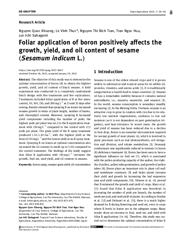 Pdf Foliar Application Of Boron Positively Affects The Growth Yield