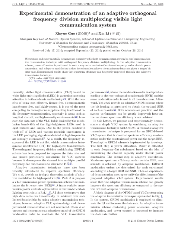 (PDF) Experimental demonstration of an adaptive orthogonal frequency division multiplexing ...