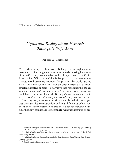 (PDF) Myths and Reality about Heinrich Bullinger's Wife Anna