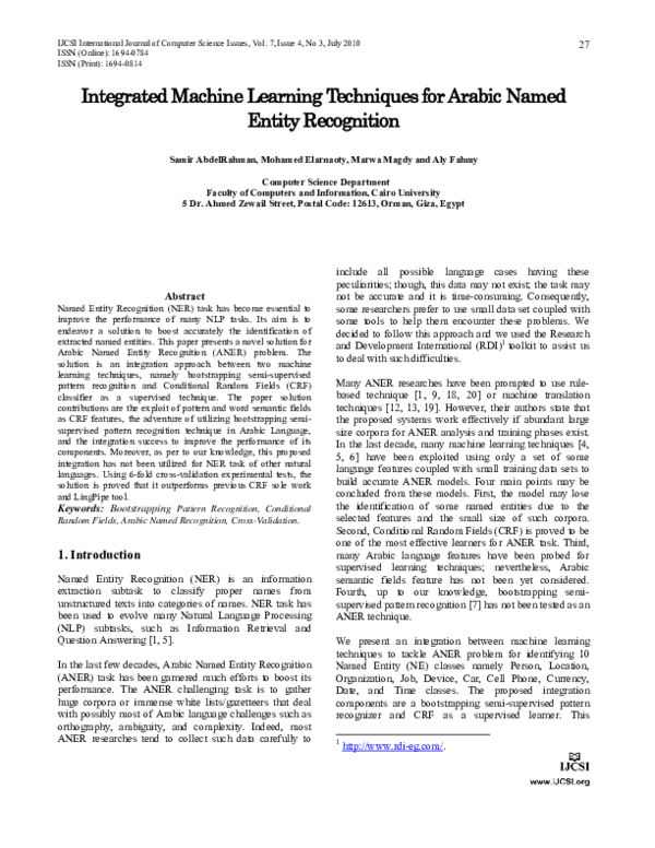 Pdf Integrated Machine Learning Techniques For Arabic Named Entity Recognition Abdelrahman