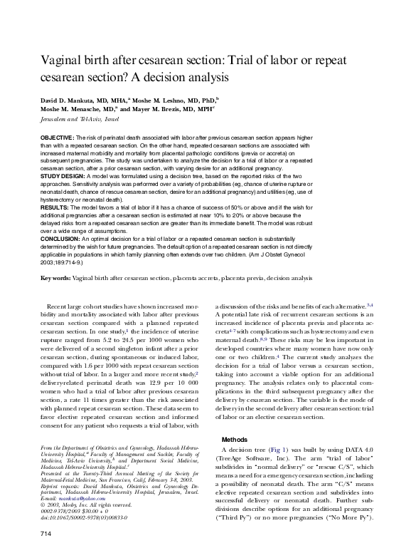(PDF) Vaginal birth after cesarean section: Trial of labor or repeat ...