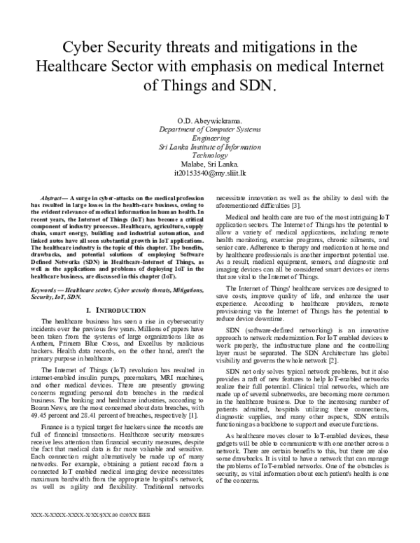 (PDF) Cyber Security threats and mitigations in the Healthcare Sector with emphasis on medical ...