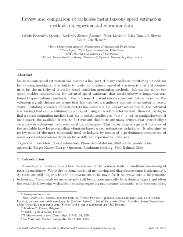 (PDF) Review and comparison of tacholess instantaneous speed estimation methods on experimental ...