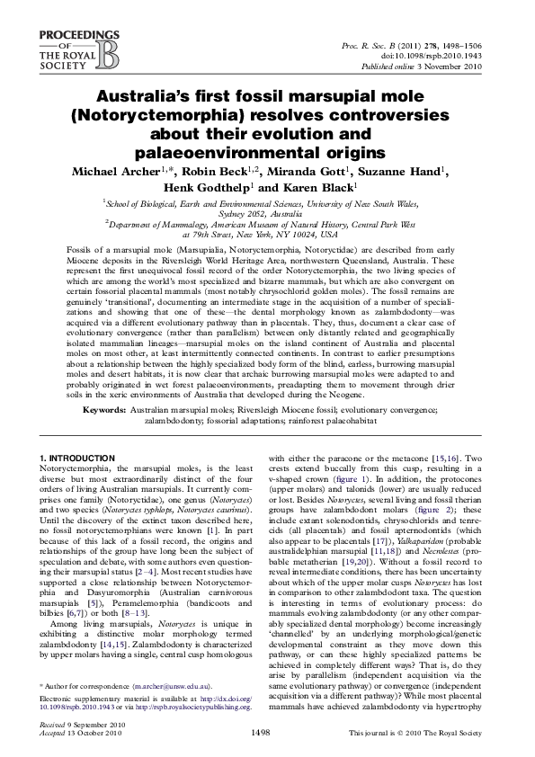 (PDF) Australia's first fossil marsupial mole (Notoryctemorphia ...