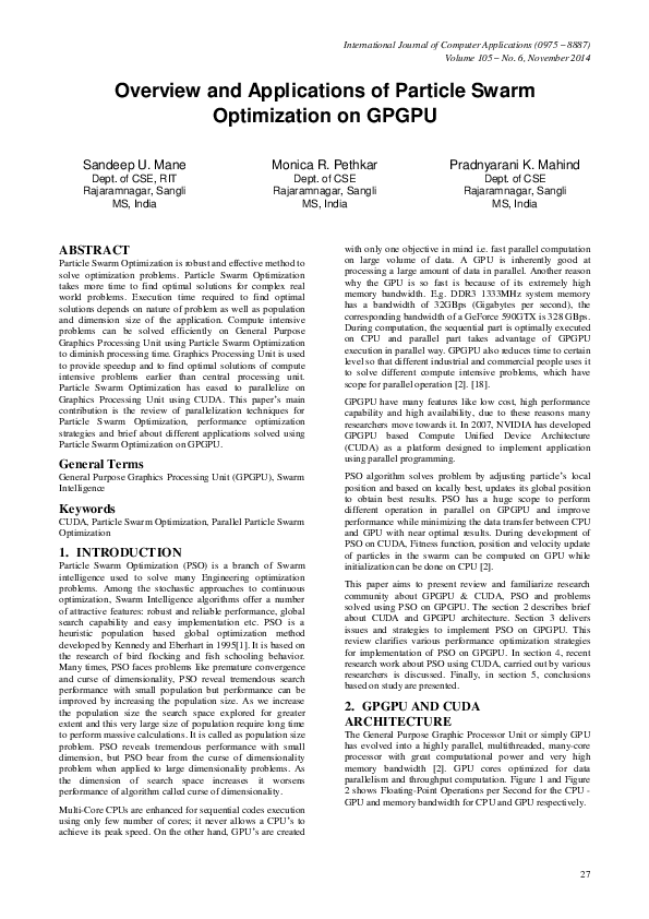 (PDF) Overview and Applications of Particle Swarm Optimization on GPGPU