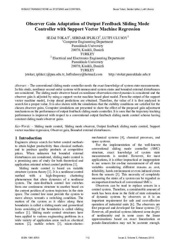 (PDF) Observer gain adaptation of output feedback sliding mode controller with support vector ...