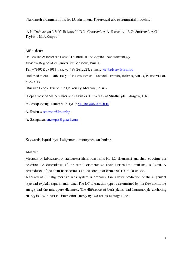 (PDF) Nanomesh Aluminum Films for LC Alignment Theoretical and Experimental Modeling