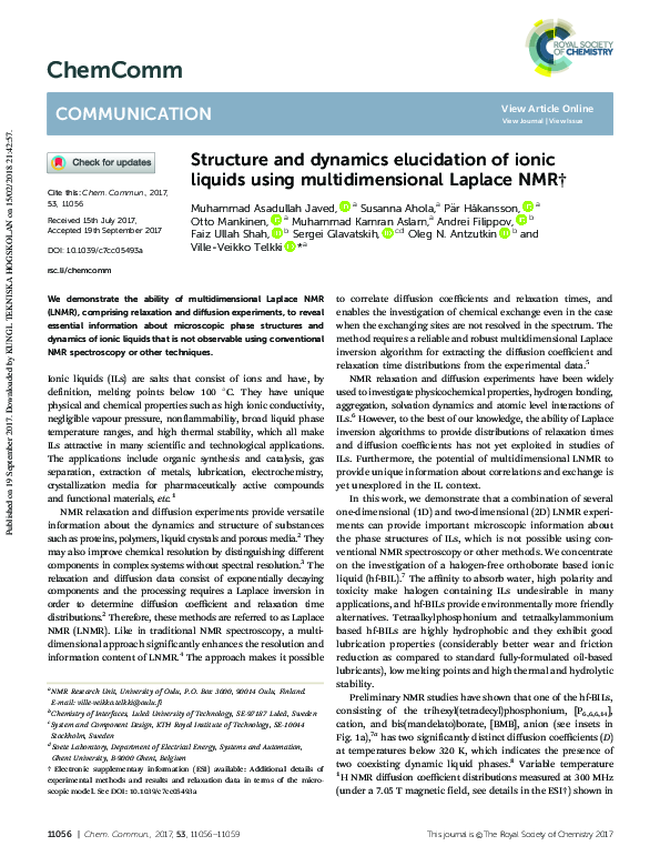 (PDF) Structure and dynamics elucidation of ionic liquids using multidimensional Laplace NMR ...