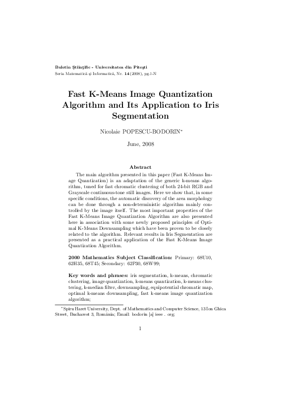 (PDF) Fast k-Means Image Quantization algorithm and its application to iris segmentation