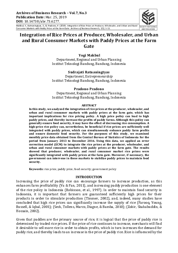 (PDF) The effect of Market structure on the integration of rice prices ...