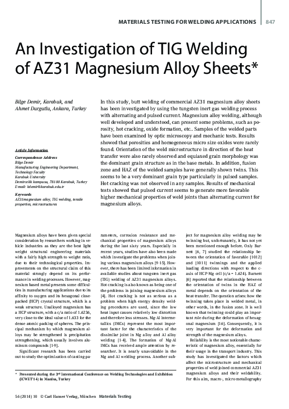 (PDF) An Investigation of TIG Welding of AZ31 Magnesium Alloy Sheets*