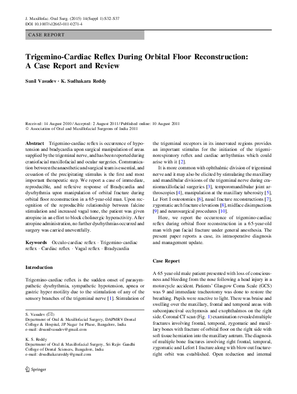(PDF) Trigemino-Cardiac Reflex During Orbital Floor Reconstruction: A ...
