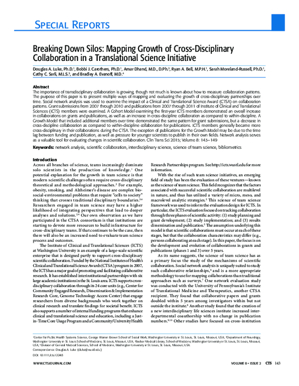 (PDF) Breaking Down Silos: Mapping Growth of Cross-Disciplinary Collaboration in a Translational ...