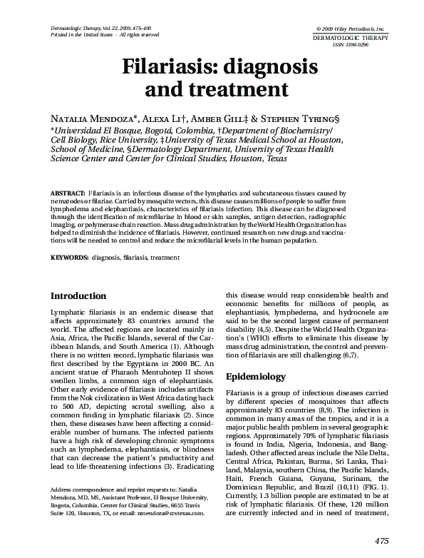 (PDF) Filariasis: diagnosis and treatment