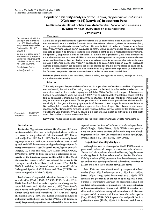 (PDF) Análisis de viabilidad poblacional de la Taruka Hippocamelus antisensis (D’Órbigny, 1834 ...