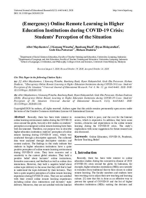 (PDF) (Emergency) Online Remote Learning in Higher Education ...
