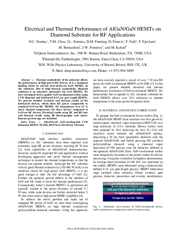 (PDF) Electrical and Thermal Performance of AlGaN/GaN HEMTs on Diamond Substrate for RF Applications