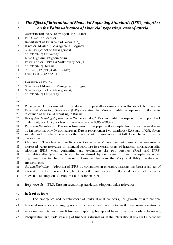 (PDF) The effect of international financial reporting standards (IFRS) adoption on the value ...