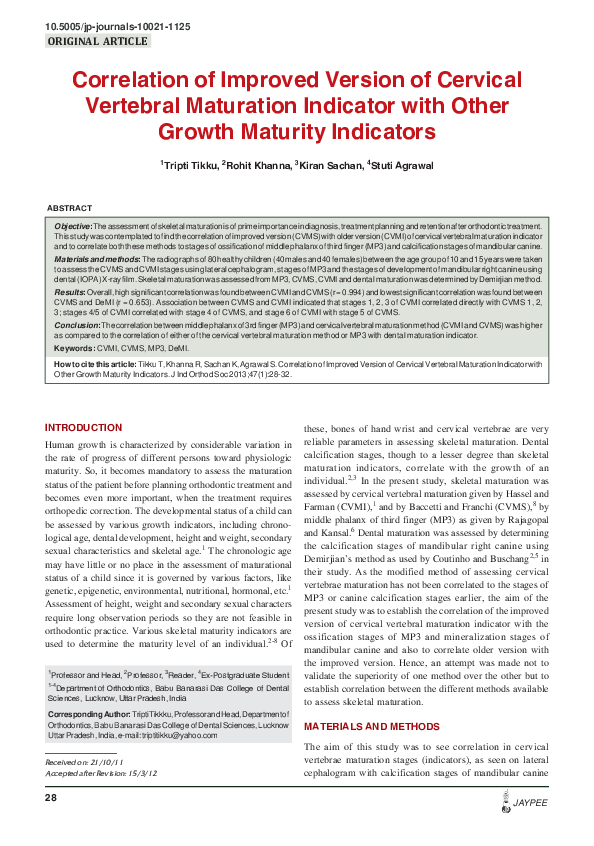 (PDF) Correlation of Improved Version of Cervical Vertebral Maturation Indicator with Other ...