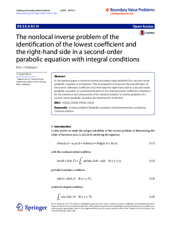 Pdf The Nonlocal Inverse Problem Of The Identification Of The Lowest