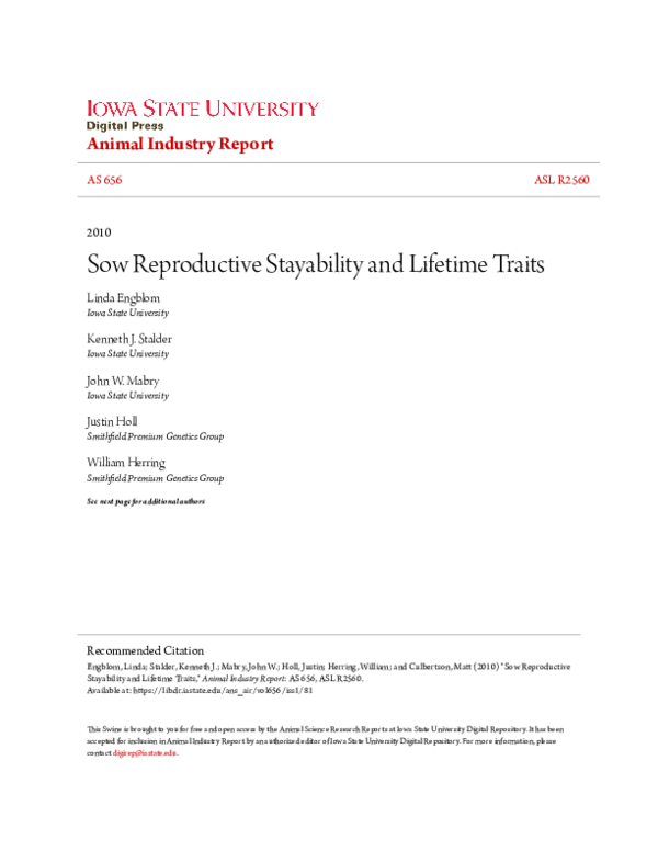 (PDF) Sow Reproductive Stayability and Lifetime Traits