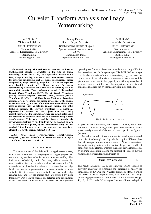 (PDF) Curvelet Transform Analysis for Image Watermarking