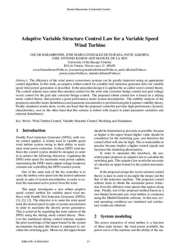 (PDF) Adaptive Variable Structure Control Law for a Variable Speed Wind Turbine