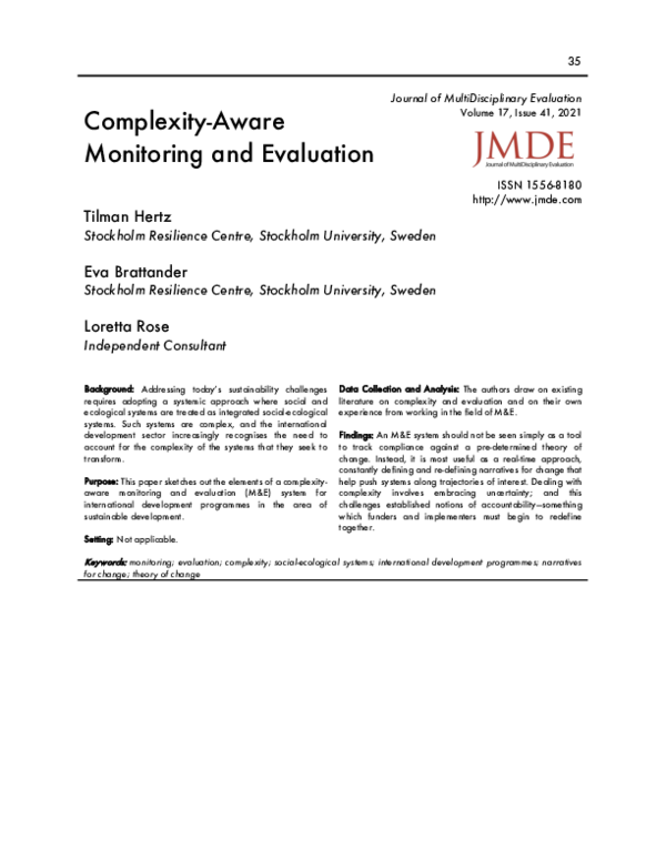 (PDF) Complexity-Aware Monitoring and Evaluation | Loretta Rose - Academia.edu